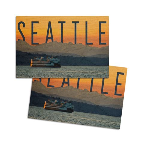 Seattle Washington Ferry And Orange Sunset 4x6 Birch Wood Postcards