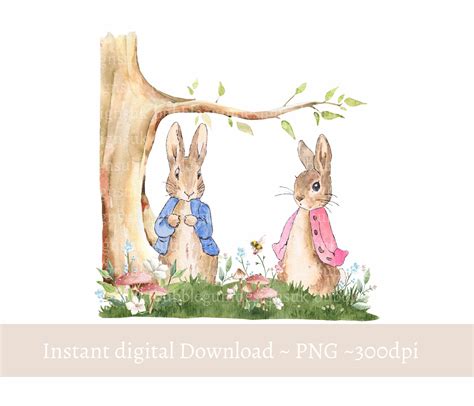 Blue Bunny Rabbit And Pink Flopsy Bunny Meadow Design Spring Flower