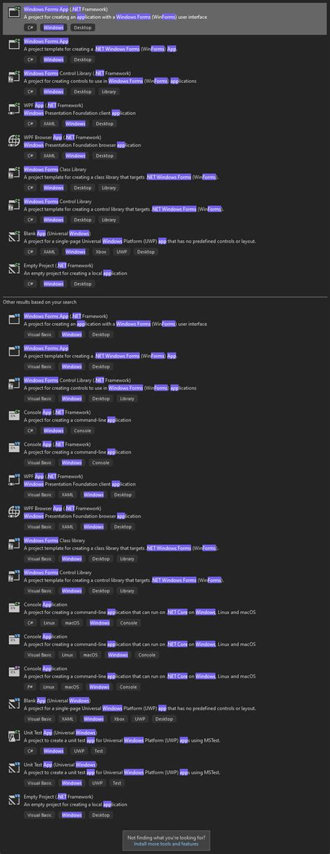 c unable to find windows forms app core template where is it
