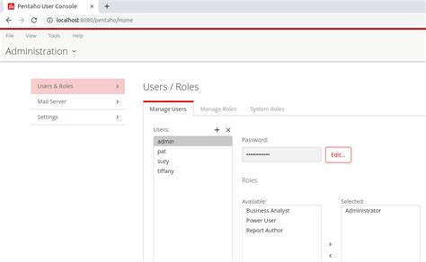 pentaho server ce usuários grupos senhas funções urls e portas