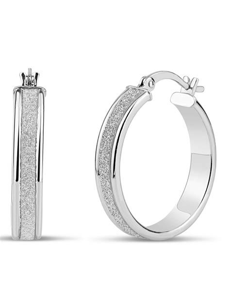 Sterling Silver Rhodium Plated 25mm X 4mm Glitter Hoop Earrings