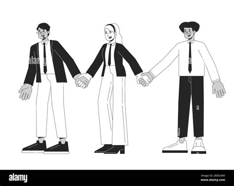 Diverse Corporate Employees Holding Hands Flat Line Black White Vector