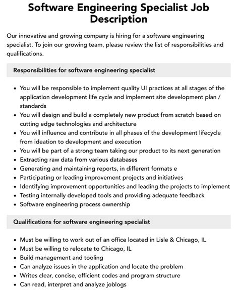 Software Engineering Specialist Job Description Velvet Jobs