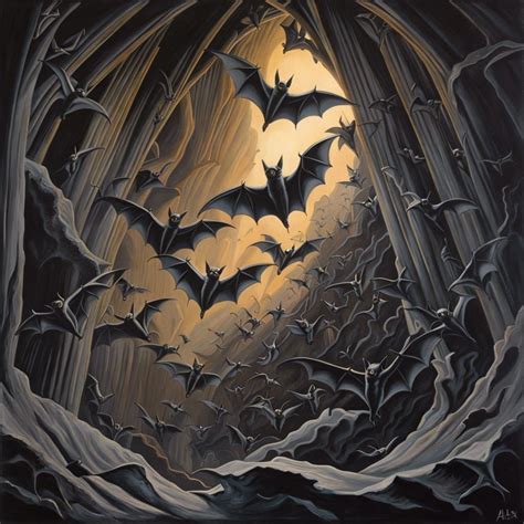 A Flock Of Bats Black And Grey Flying Out Of A Cave Oil On Canvas
