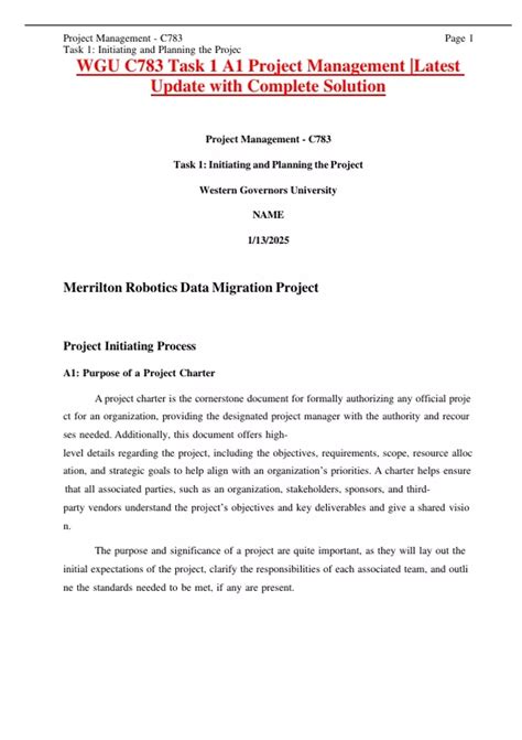 Package Deal For Wgu C783 Task 1 A1 A2 And A3 Project Management Latest
