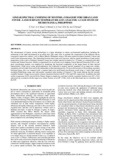 Pdf Linear Spectral Unmixing Of Sentinel 3 Imagery For Urban Land Cover Land Surface