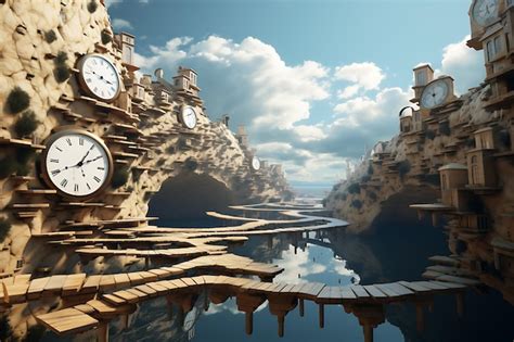 Premium Ai Image 3d Landscape With Distorted Architecture And Floating Clocks