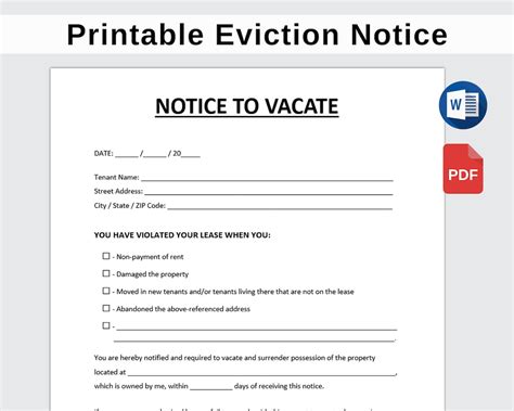 Landlord Notice To Vacate To Tenant Printable Eviction Notice