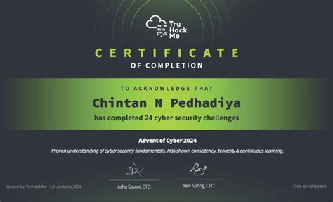chintan pedhadiya on linkedin tryhackme cybersecurity certificate
