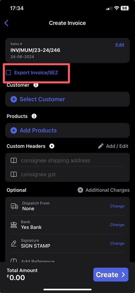 How To Create Export SEZ Invoice On Mobile IOS Swipe