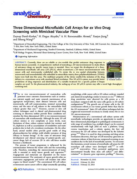 Pdf Three Dimensional Microfluidic Cell Arrays For Ex Vivo Drug Screening With Mimicked