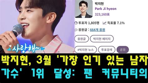 박지현 3월 가장 인기 있는 남자 가수 1위 달성 팬 커뮤니티의 자랑스러운 성과 이번 성과에 대한 박지현 팬들의 심정은 어떤가요 Youtube