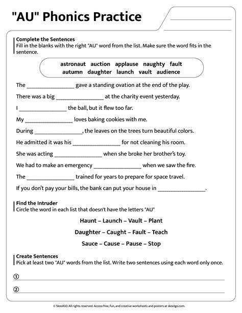 Au Sound Phonics Worksheet Free Pdf For Grades 13
