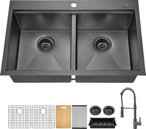 33 In Drop In Gunmetal Black Stainless Steel Double Bowl Dual Mount