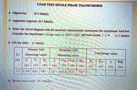 SOLVED LOAD TEST SINGLE PHASE TRANSFORMER Objectives Marks Apparatus Required Marks