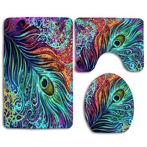 Gohao Peacock Feather 3 Piece Bathroom Rugs Set Bath Rug Contour Mat And Toilet Lid Cover
