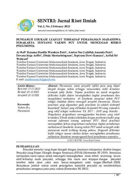 Pdf Pengaruh Edukasi Leaflet Terhadap Pemahaman Mahasiswa Surakarta Tentang Vaksin Pcv Untuk