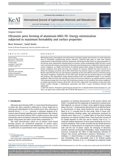 Pdf Ultrasonic Peen Forming Of Aluminum 6061 T6 Energy Minimization Subjected To Maximum