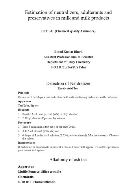 Estimation Of Neutralizers Adulterants And Preservatives In Milk And Milk Products Pdf