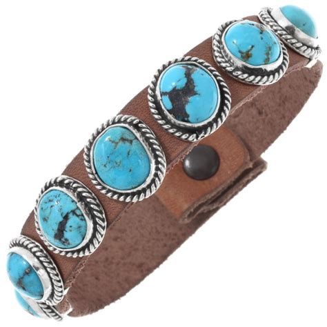 Native American Ithaca Peak Turquoise Leather Sterling Cuff Design 44432