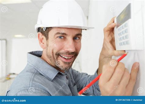 Men Regulate Temperature On Control Panel Central Heating Stock Photo Image Of Automatic