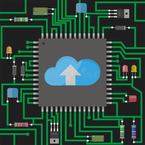 Electronic Circuit Board With Chip And Cloud Flat Design Stock