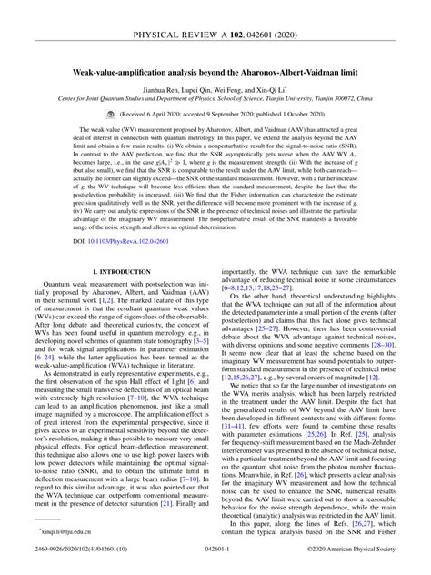 Pdf Weak Value Amplification Analysis Beyond The Aharonov Albert Vaidman Limit
