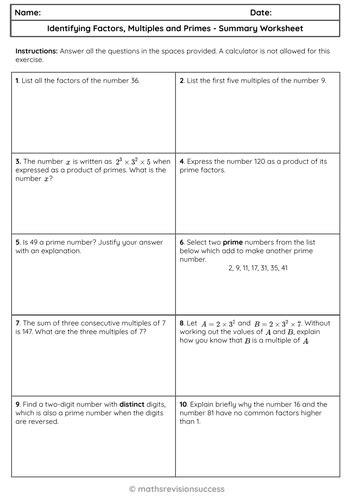 Factors Multiples And Primes Worksheet Pdf Factors And Multiples
