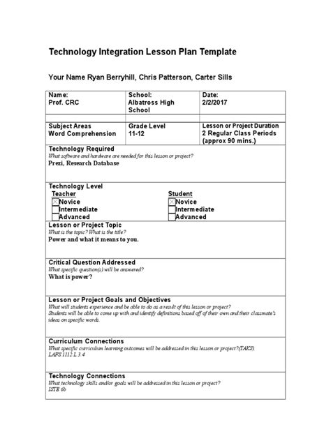 Technology Integration Lesson Plan Template 2 Pdf Lesson Plan Curriculum