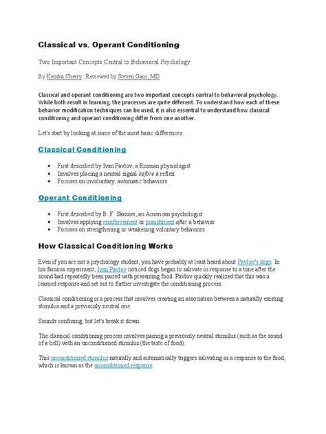 Classical Vs Operant Conditioning Pdf Classical Conditioning