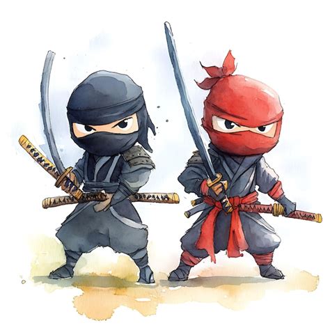 Dois Ninjas De Desenho Animado Enfrentando Se Com Espadas Desenhadas Imagem Premium Gerada Com Ia