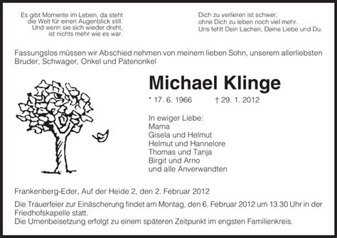Traueranzeigen Von Michael Klinge Trauer Hna De