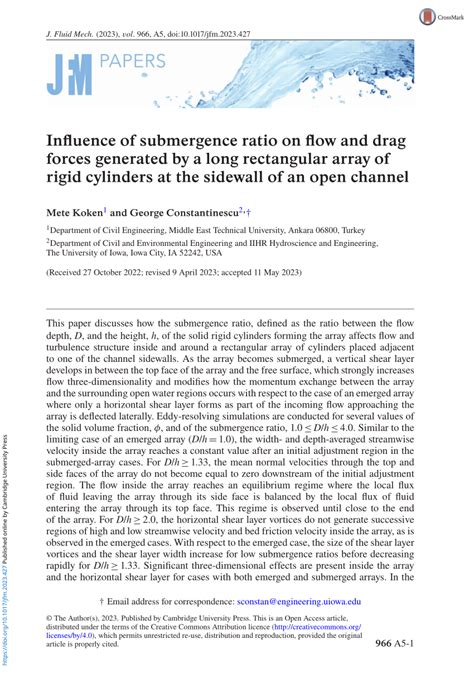 Pdf Influence Of Submergence Ratio On Flow And Drag Forces Generated By A Long Rectangular