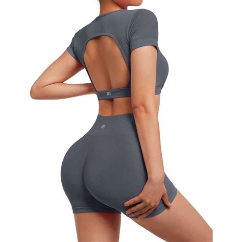 Suuksess Open Back Short Sleeve Scrunch Butt Booty Shorts Seamless
