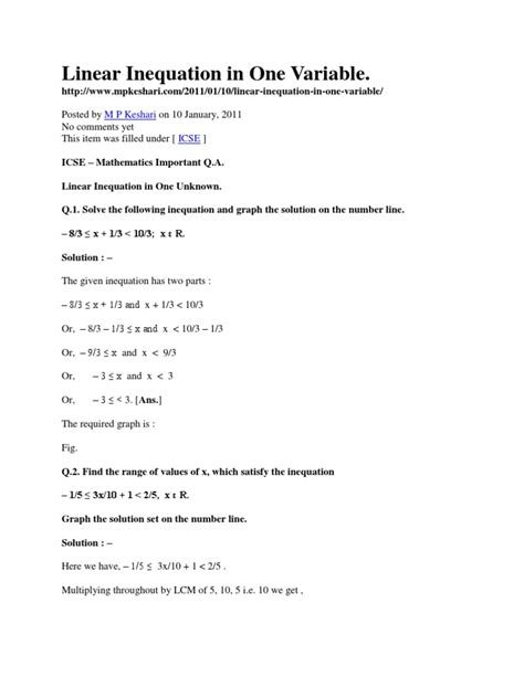 Linear Inequation In One Variable 1 Download Free Pdf Logical Truth Analysis