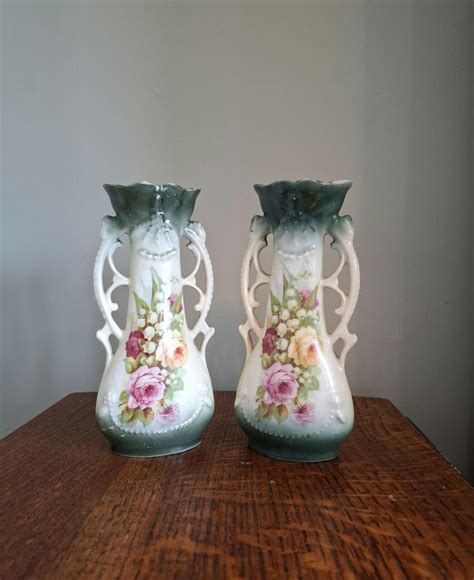 Set Of Antique Vases Art Nouveau Ceramic Floral Print 1800s Victorian