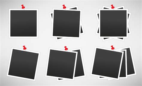 현실적인 빈 사진 카드 프레임 필름 세트 빨간 압정이 있는 복고풍 빈티지 사진 디지털 스냅샷 이미지입니다 디자인을 위한 템플릿 또는 모형 액자 벡터 그림 0명에 대한 스톡