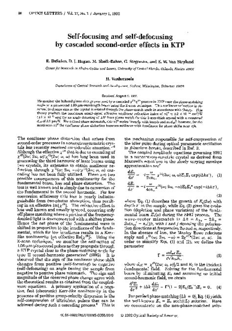 Pdf Self Focusing And Self Defocusing By Cascaded Second Order
