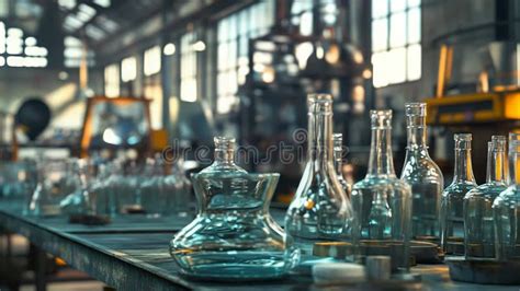 Glass Bottles Manufacturing Process In Modern Industrial Factory Stock