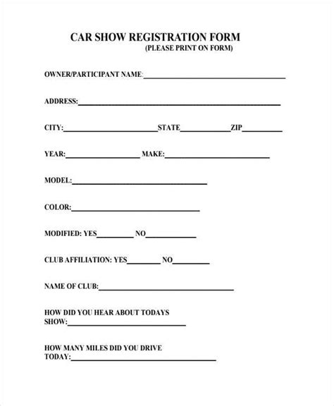 Printable Car Show Registration Form Template