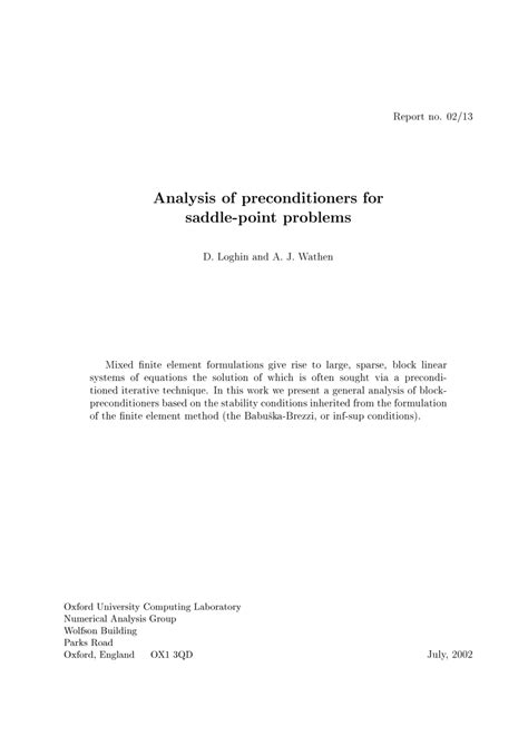 Pdf Analysis Of Preconditioners For Saddle Point Problems