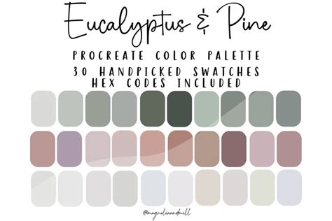 Eucalyptus And Pine Procreate Color Palette With Hex Codes