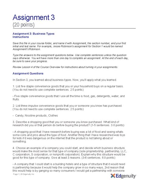 Assignment 3 El5732 Page 1 © Edgenuity Inc Assignment 3 20 Points Assignment 3 Business