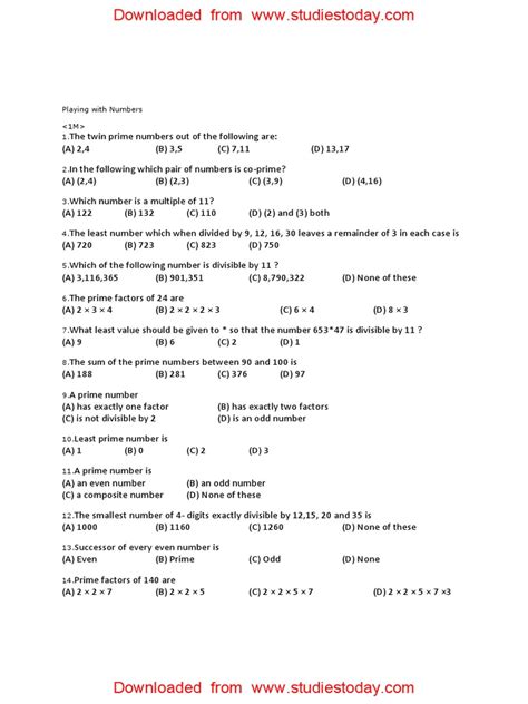 Cbse Class 6 Playing With Numbers Worksheet Pdf Prime Number Numbers
