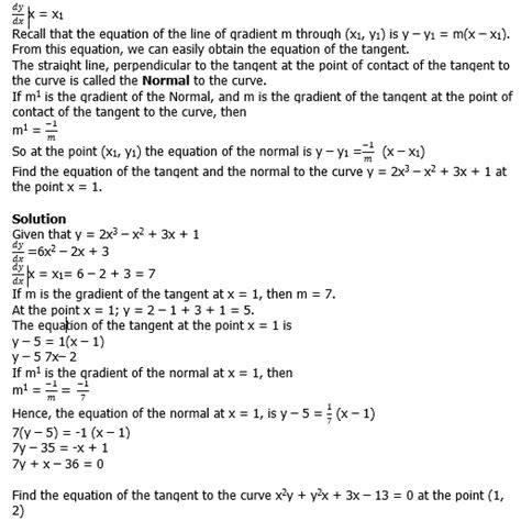 Lesson Note On TANGENTS AND NORMAL TO CURVES FURTHER MATHEMATICS SSS FIRST TERM ClassNotes