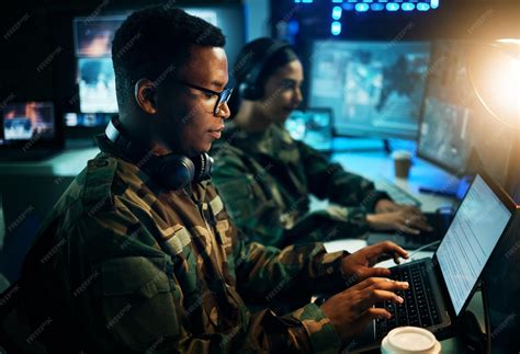 Premium Photo Military Control Room Computer And Soldier At Desk Typing Code And Tech For