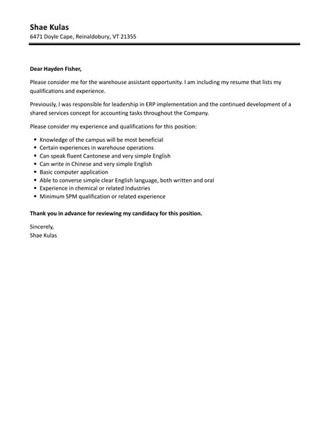 Warehouse Assistant Cover Letter Velvet Jobs