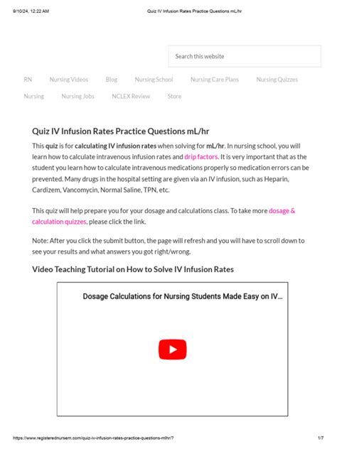 Quiz Iv Infusion Rates Practice Questions Ml Hr Pdf Intravenous Therapy Clinical Medicine