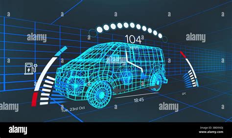 Image Of Speedometer Over Electric Van Project On Navy Background Stock