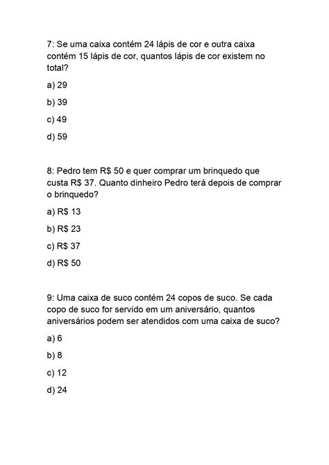 Atividade De Matemática 4° Ano Questões De Múltipla Escolha Com